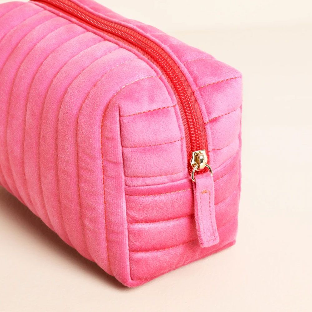 Lisa Angel Pink and Red Quilted Velvet Bow Cosmetic Bag