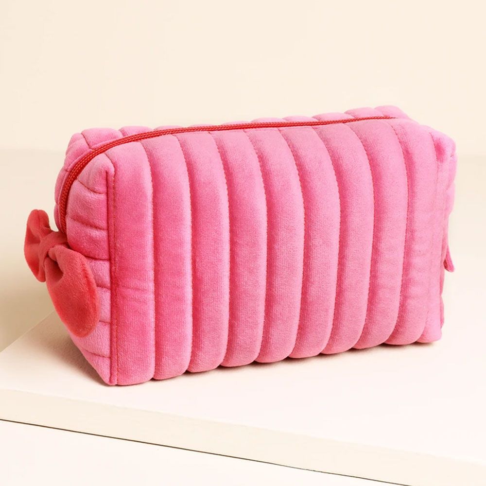 Lisa Angel Pink and Red Quilted Velvet Bow Cosmetic Bag