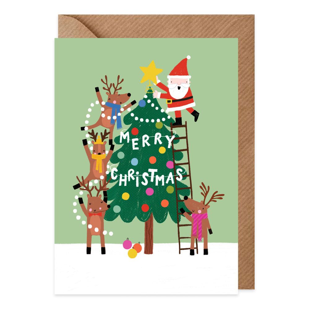 Santa & Reindeer Tree Decorating Christmas Card
